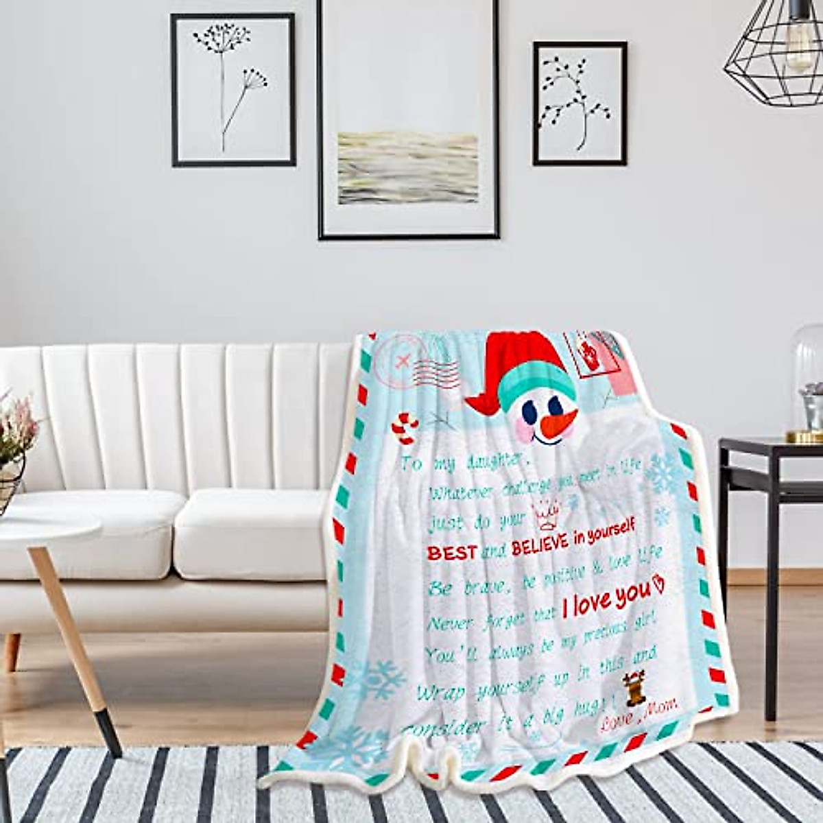 PAMAID Air Mail Blanket, Personalized Sherpa Fleece Blanket to My Daughter Letter Printed Quilts, Throw Blanket Positive Energy Caring Gift from Mom and Dad (Snowman)