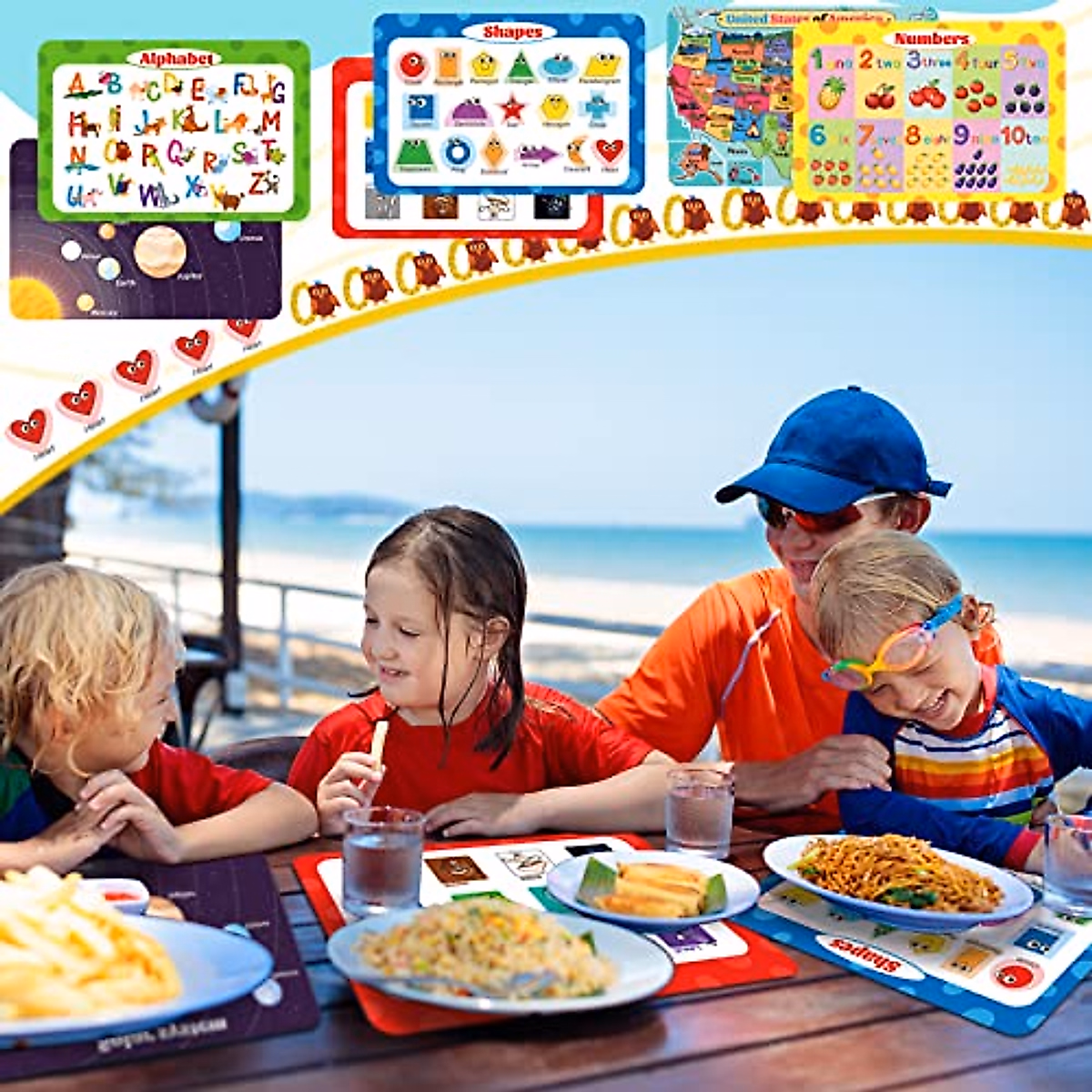 6 Pcs Kids Toddler Educational Reusable Washable Placemats for Dining Table Plastic Preschool Baby Learning Mats USA Map Solar System Alphabet Number Shape Color Mat Home School Kindergarten Supply