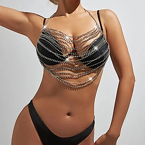 Salliy Boho Body Chain Bra Silver Sexy Rhinestone Bikini Bra Body Halter Backless Sequins Chain Bra Beach Body Accessories Jewelry for Women and Girls (Bra)