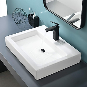 Bathroom Vessel Sink Rectangular White,VALISY 24 x18 Inch Above Counter Porcelain Ceramic Vessel Sink, Rectangle Modern Vanity Lavatory Bath Countertop Bathroom Sink Bowl Basin with Single Faucet Hole