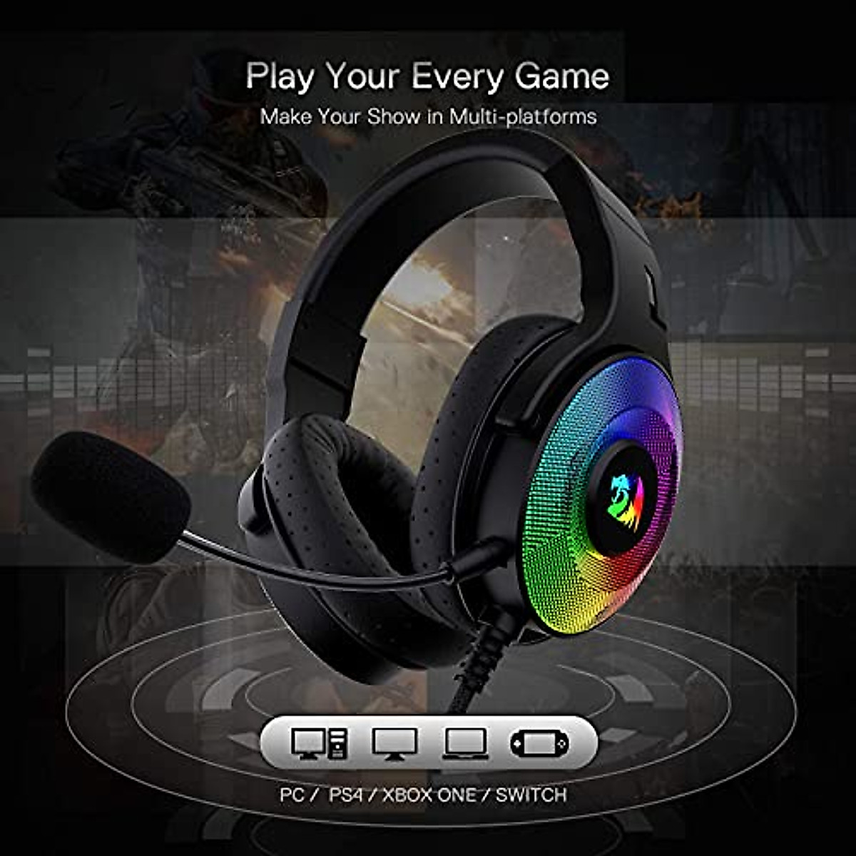 Redragon H350 RGB Wired Gaming Headset, Dynamic RGB Backlight - Stereo Surround-Sound - 50MM Drivers - Detachable Microphone, Over-Ear Headphones Works for PC/PS4/XBOX One/NS