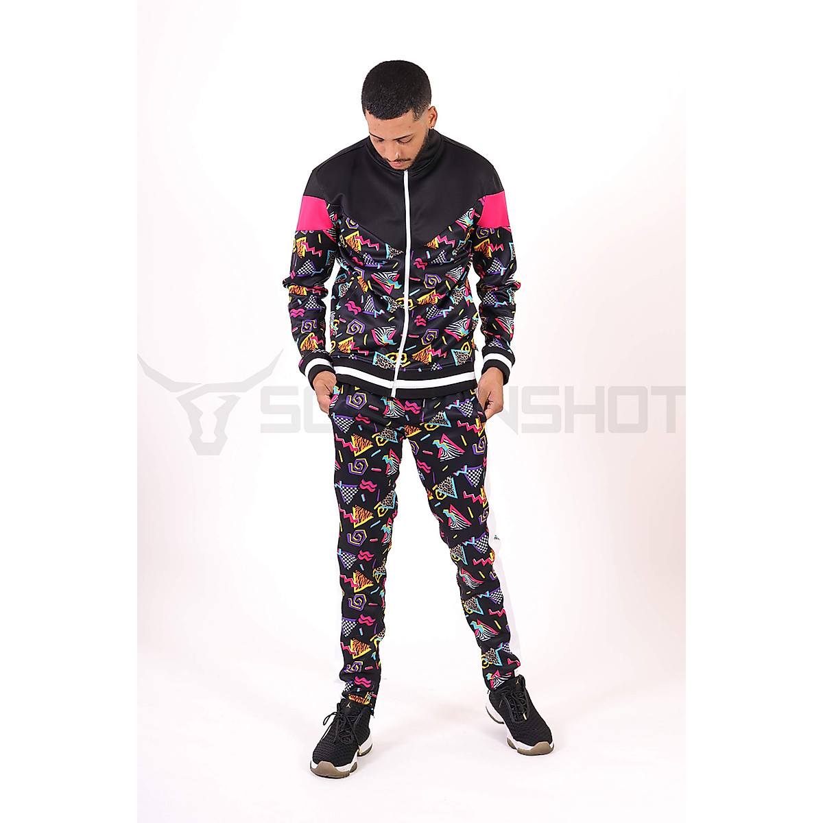 SCREENSHOT-P11904 Mens Hip Hop Premium Slim Fit Track Pants - Athletic Jogger 80's Retro Pattern Print Streetwear Bottoms-Black/Pop-Large