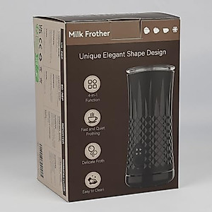 Milk Frother, 4-in-1 Milk Frother and Steamer Electric, Hot and Cold Milk Foam Maker for Coffee, Latte, Cappuccino Silent Operation, Automatic off, Black