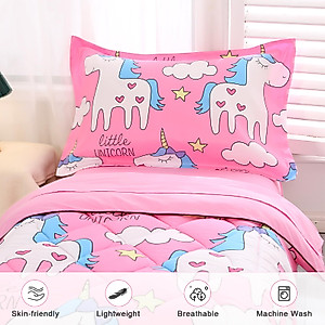 Wowelife Toddler Bedding Sets for Girls 4 Piece Unicorn Toddler Bed Set with Comforter, Flat Sheet, Fitted Sheet and Pillowcase (Pink Unicorn)