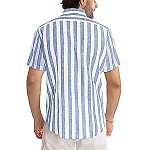 JMIERR Men's Summer Casual Stylish Short Sleeve Button-Up Shirts Cotton Linen Vertical Striped Business Dress Shirts Beach Cruise Shirt Resort Wear Old Money Aesthetic Clothes, US 43(L), Sky Blue