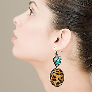 Vintage Leopard Print Dangle Earrings for Women AB Crystal Geometric Irregular Turquoise Stone Faux Leather Statement Drop Stud Earring Retro Birthday Party Jewelry Gifts (Gold)