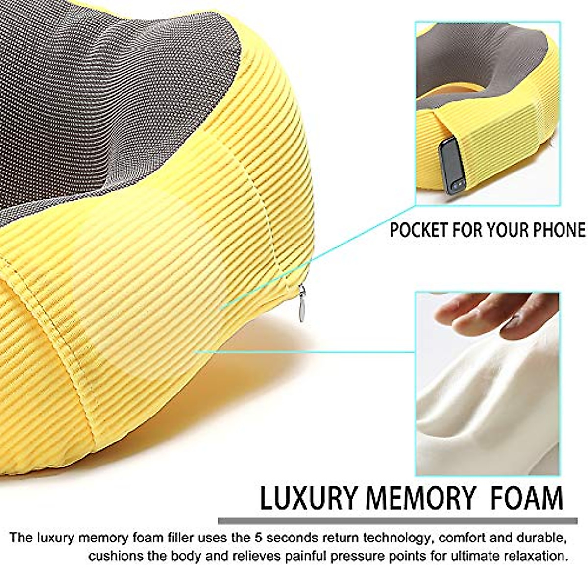 Travel Pillow Memory Foam with 360-Degree Head Support Comfortable Neck Pillow with Storage Bag Lightweight Traveling Pillow for Airplane, Car, Train, Bus and Home Use (Yellow)