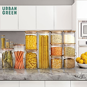 Urban Green Glass Jars with Airtight Lids, Airtight Glass Canisters with Wood Lids, Glass Food Storage Containers with Lids, Glass Food Jars for Spice and Herbs (9 Pack of 16oz)
