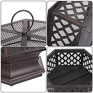 Fire Pits 22" Multifunctional Fire Pit Bowl, Hexagonal Shaped Iron Burning Outdoor Firepit Steel BBQ Grill Fire Bowl for Camping Patio Backyard Garden Picnic Bonfire