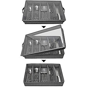 Sorbus Flatware Storage Chest with Clear Lid, Great Fabric Container Box for Organizing Utensils, Silverware, Flatware, Large Capacity, Gray