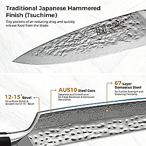 KEEMMAKE Damascus Chef's Knife, 6.5 Inch Gyutou with Hammered AUS-10 Blade, Professional Kitchen Knife with G10 Handle