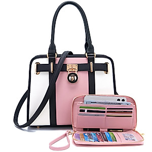 Handbags Sets For Women Shoulder Bags Top Handle Work Satchel Tote Purses Set With Matching Wallet 2pcs WhitePink