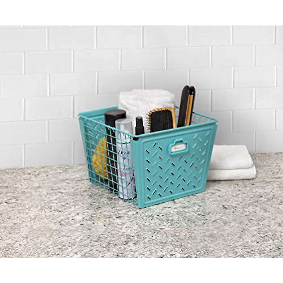 Spectrum Diversified Macklin, Stamped Steel & Wire Basket for Closet & Cubby Storage Vintage-Inspired Design with Customizable Label Plate, Large, Teal