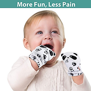 Baby Teething Mitten Panda Teether Mitten with Baby Toothbrush & Massager Teething Glove Mitt Infant Toy(2 Mittens with Toothbrush)