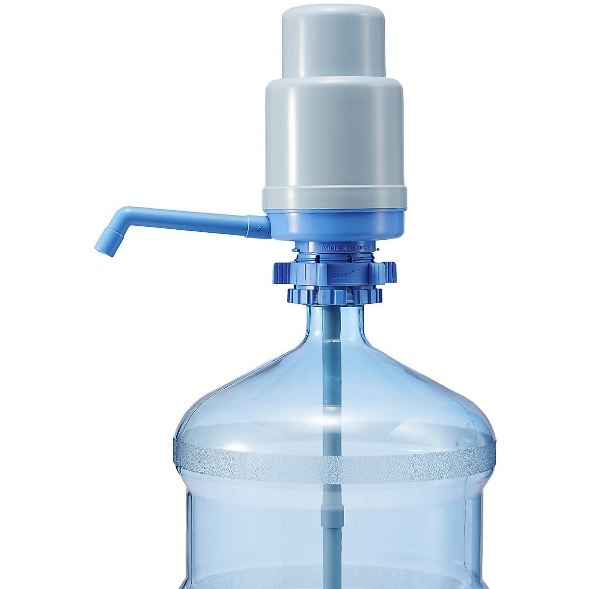 Dolphin Manual Water Pump for 5 Gallon Bottles, Fits 2-6 Gallon Bottles, Blue Manual Hand Pressure Water Dispenser, Secure Fit on Crown Top Jugs, 3 Tube Lengths, Sanitary Cap, BPA-Free