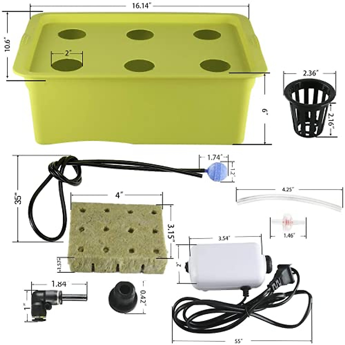 Homend DWC Deep Water Culture Hydroponic System Growing Kit, Medium Size w/Airstone, 6 Plant Sites (Holes) Bucket, Air Pump, Rockwool - Best Indoor Herb Garden for Lettuce, Mint, Parsley (6 Sites)