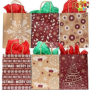 JOYIN 24 Christmas Holiday Kraft Paper Goody Gift Bags 9x7.25x3.5 with Handles for Xmas Gift-giving, Classrooms Party Favors Wrapping Goodie Bag