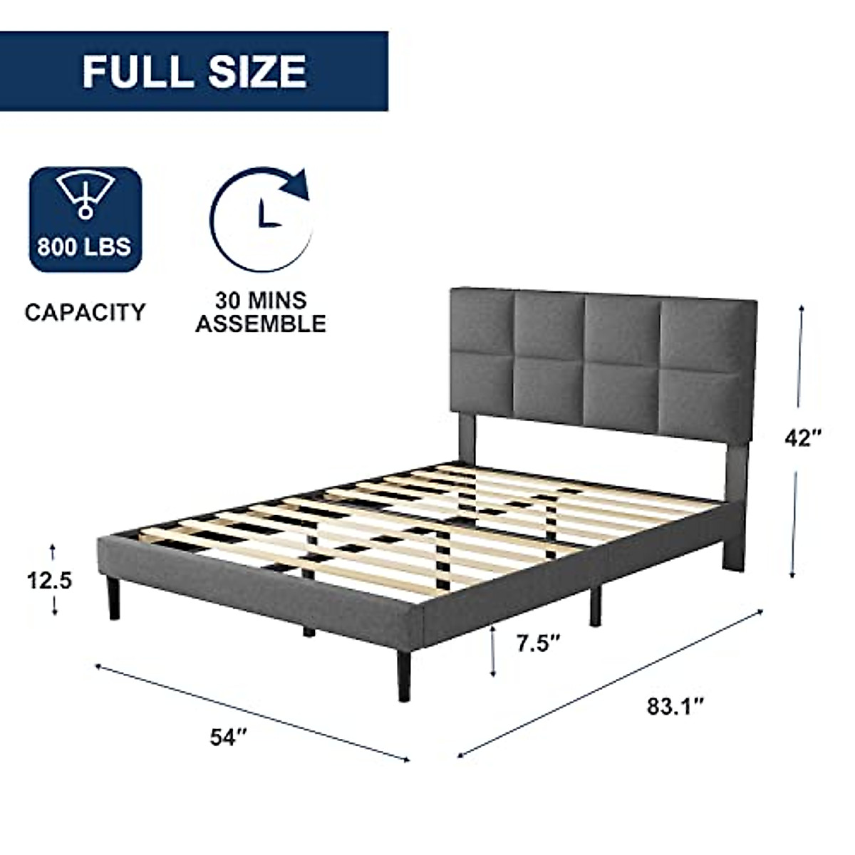 Molblly Full Size Bed Frame Upholstered Platform with Headboard, Strong Frame and Wooden Slats Support, Linen Fabric Wrap, Non-Slip and Noise-Free,No Box Spring, Easy Assembly, Dark Grey