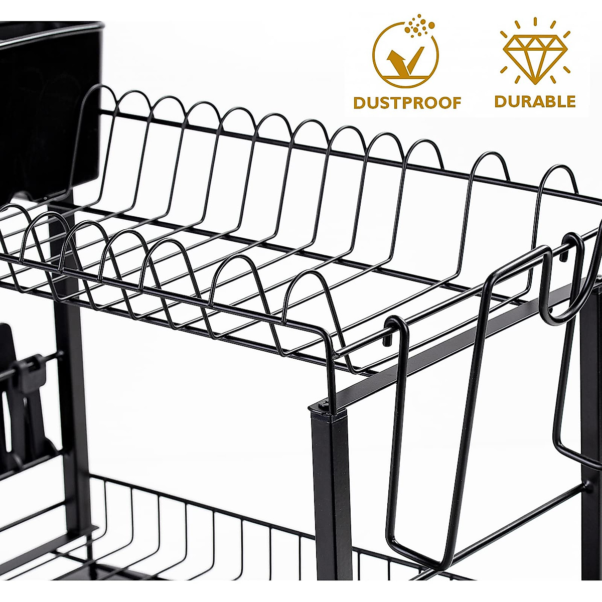 SUNNOW Nuovoo Dish Drying Rack, Black 2 Tier Dish Drainer, Over The Sink Utensil Holder, Cup Cutting Board Holder, Large Rust-Proof Storage Organizer with Adjustable Water Outlet for Kitchen Counter