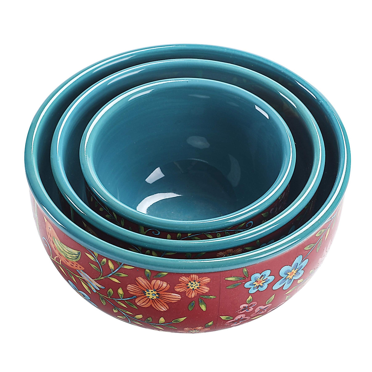 Bico Red Spring Bird Ceramic Bowl with Air Tight Lid Set of 3(27oz, 18oz, 9oz each), Prep bowls, Food Storage Bowl for Salad, Snacks, Fruits, Microwave and Dishwasher Safe