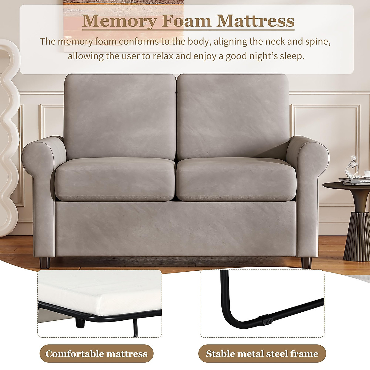 Pull Out Sofa Bed, Velvet Sleeper Sofa Couch with Memory Foam Mattress, Convertible Loveseat Sleeper Sofa for Living Room, Bedroom, RV and Small Space (Light Grey, 57.4")