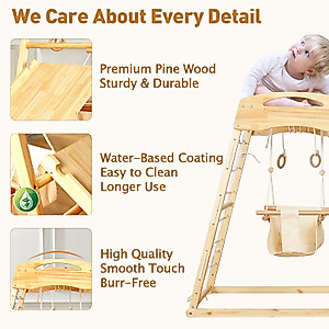 FUNLIO 7-in-1 Wood Indoor Playground for Toddlers 2-5, Montessori Climbing Toys with Solid Pine Wood, Indoor Jungle Gym for Kids with Swing/Slide/Climbing Rock/Net/Ladder/Monkey Bars/Gymnastic Rings