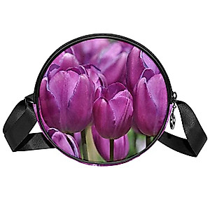 Purple Tulips Flower Bloom Crossbody Bag for Women Teen Girls Round Canvas Shoulder Bag Purse Tote Handbag Bag