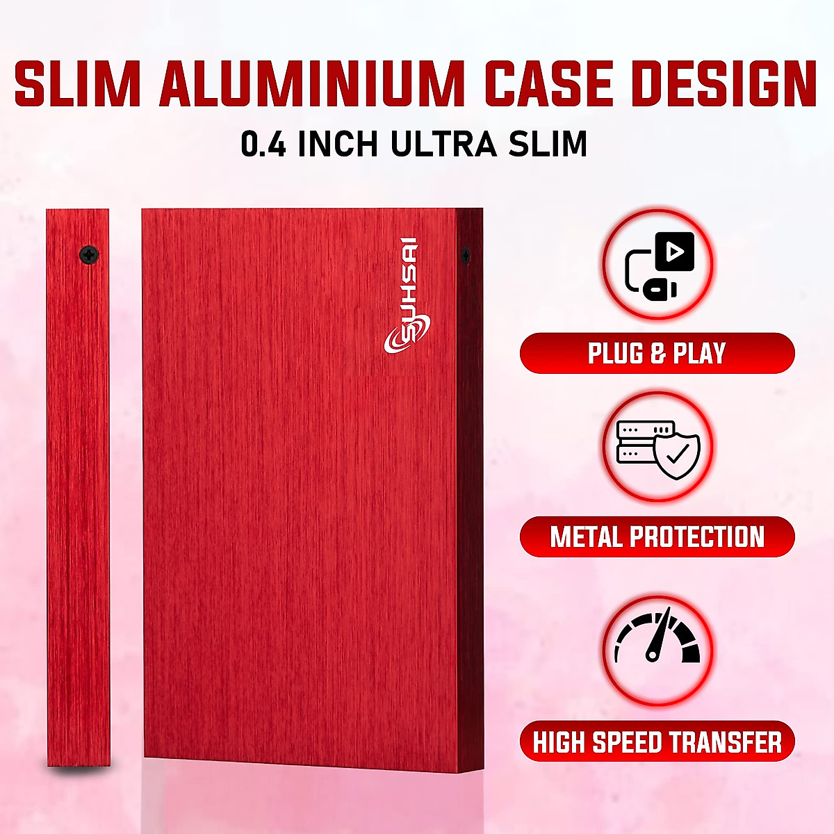 SUHSAI Aluminum Case External Hard Drive 1TB USB 2.0 Slim & Compact Data/Photos Backup & Storage Memory Expansion Portable Hardisk Hardrive 2.5" HDD for Mac Pc Laptop Computer Desktop (Red)