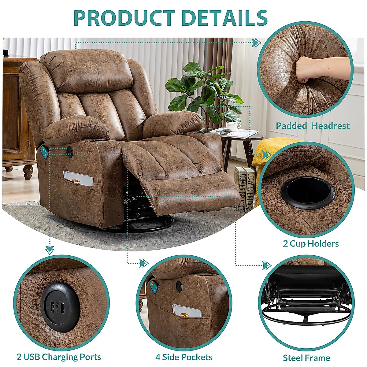 MEETWARM Massage Swivel Rocker Recliner with Heat and Vibration, Manual Glider Rocking Recliner Chair, 360°Swivel Lounge Reclining Chair with USB Ports/Cup Holder/Remote Control(Brown)