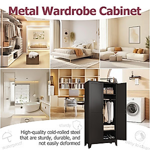 GAIOUS Metal Wardrobe Cabinet with Hanging Rod, 70.87" Metal Clothing Storage Cabinets with 2 Doors and Adjustable Shelves, Black Armoire Wardrobe Closet for Bedroom, Laundry Room, Cloak Room