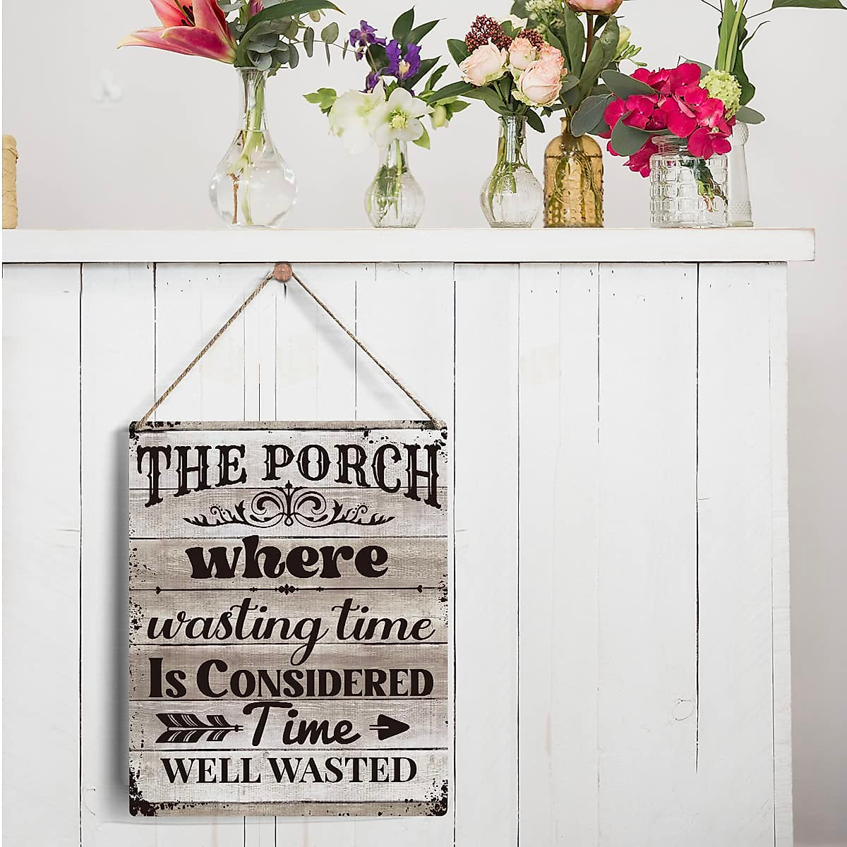 Porch Sign Gifts, Rustic the Porch Where Wasting Time Wooden Signs Wood Plaque Hanging Sign Home Porch Decor 8 x 10 Inches
