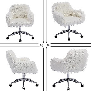 Goujxcy White Faux Fur Desk Chair, Cute Fluffy Upholstered Padded Seat, Vanity Accent Modern Height Adjustable Swivel Office Chair for Living Room Makeup Home Office Bedroom (White)