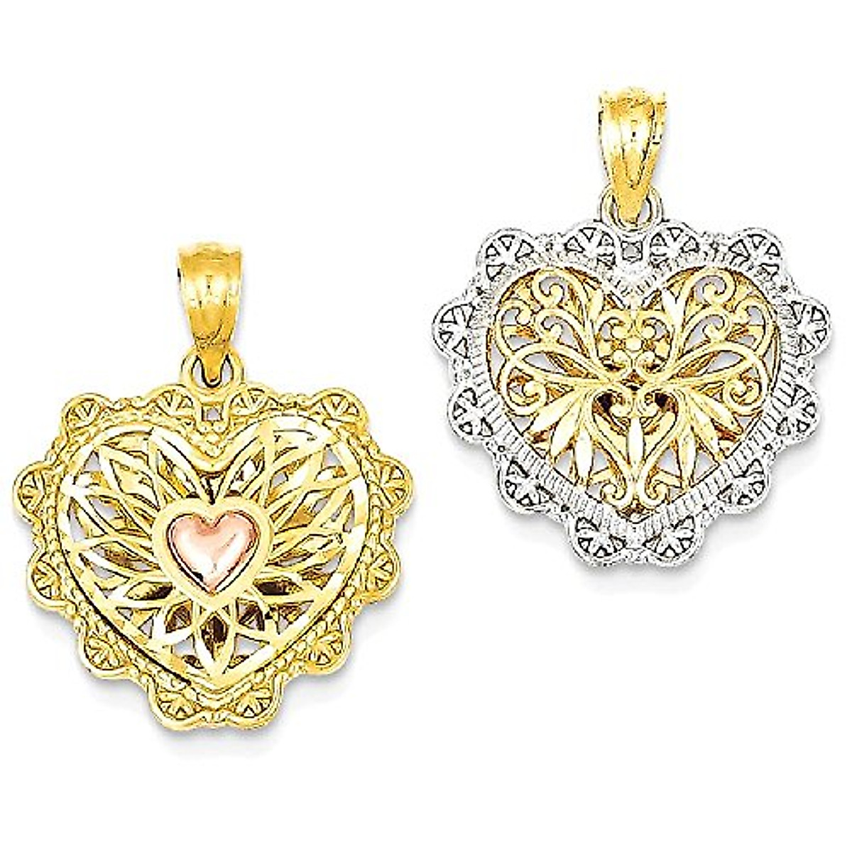 IceCarats 14K Two Tone Gold White Reversible Antique Filigree Heart Necklace Love Pendant Charm Only