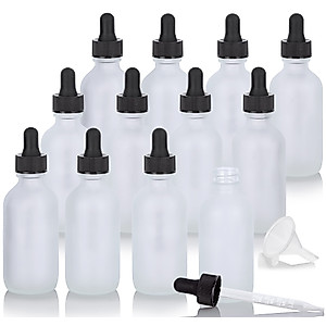 JUVITUS 2 oz / 60 ml Frosted Clear Glass Boston Round Bottle with Graduated Measurement Black Dropper (12 pack) + Funnel