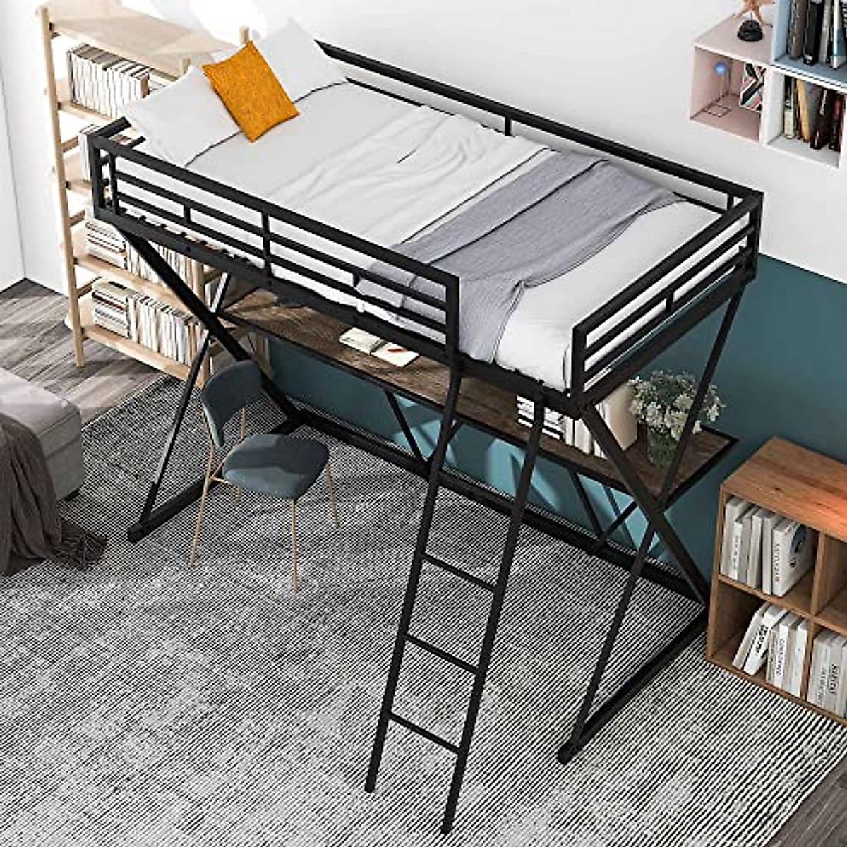 ATY Metal Loft Bed with Wood Desk and Ladder, X-Shaped Twin Size Bedframe w/Full-Length Guardrails, for Kids Teens Adults, Bedroom Furniture, Black