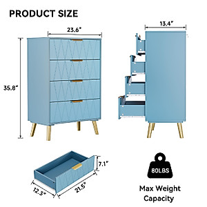 NOVALLA 4 Drawer Dresser, Chest of Drawers, Modern Dresser with Storage, Organizer Unit for Bedroom, Living Room, Hallway, Entryway, Closet(Blue)