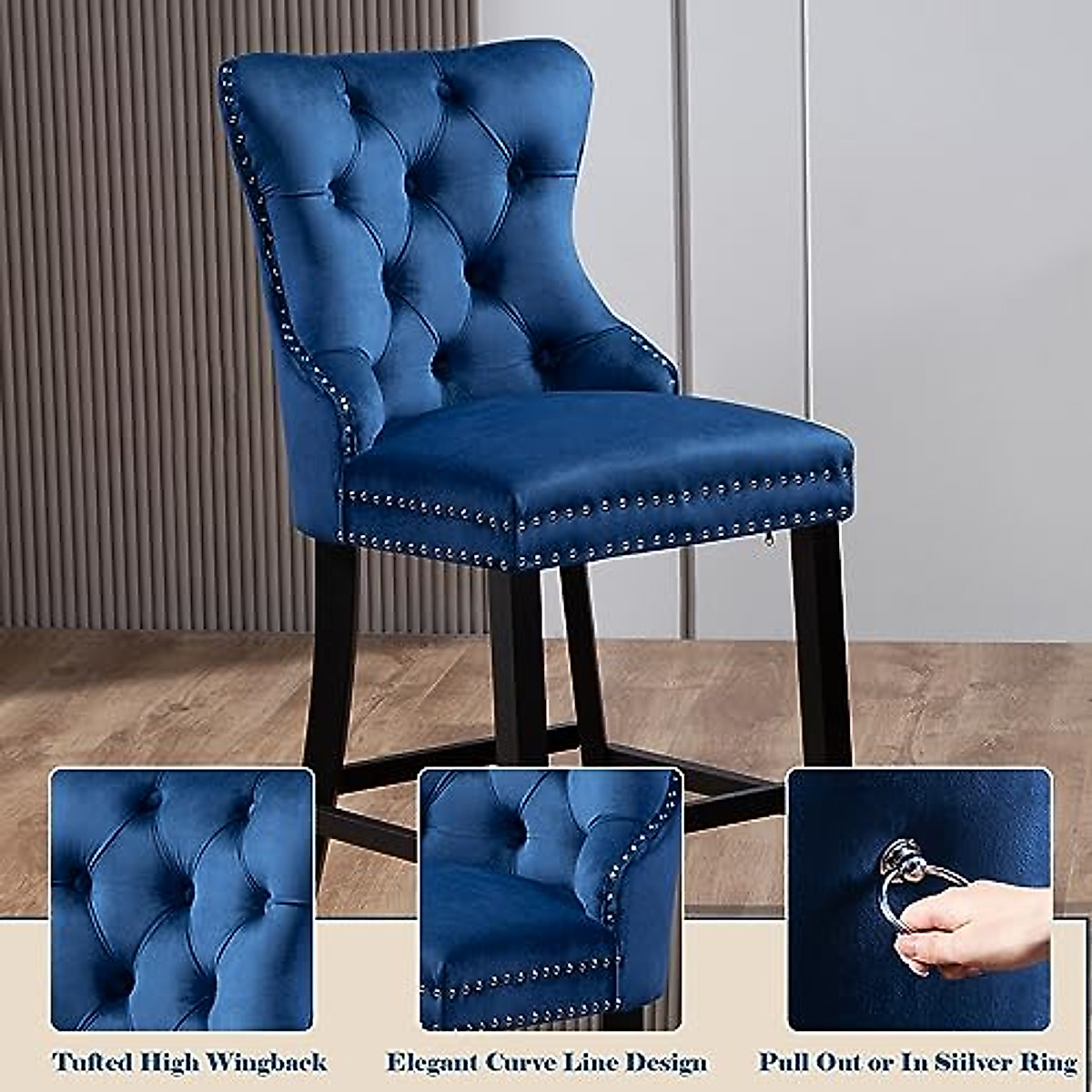 SICOTAS Bar Stools Set of 6 Stool Chair - Tufted Back Counter Stools for Kitchen Counter with Upholstered Velvet Cushion Barstools Nailhead Trim Wood Bar Height Chairs Stool for Pub Bistro 27.2'' Blue