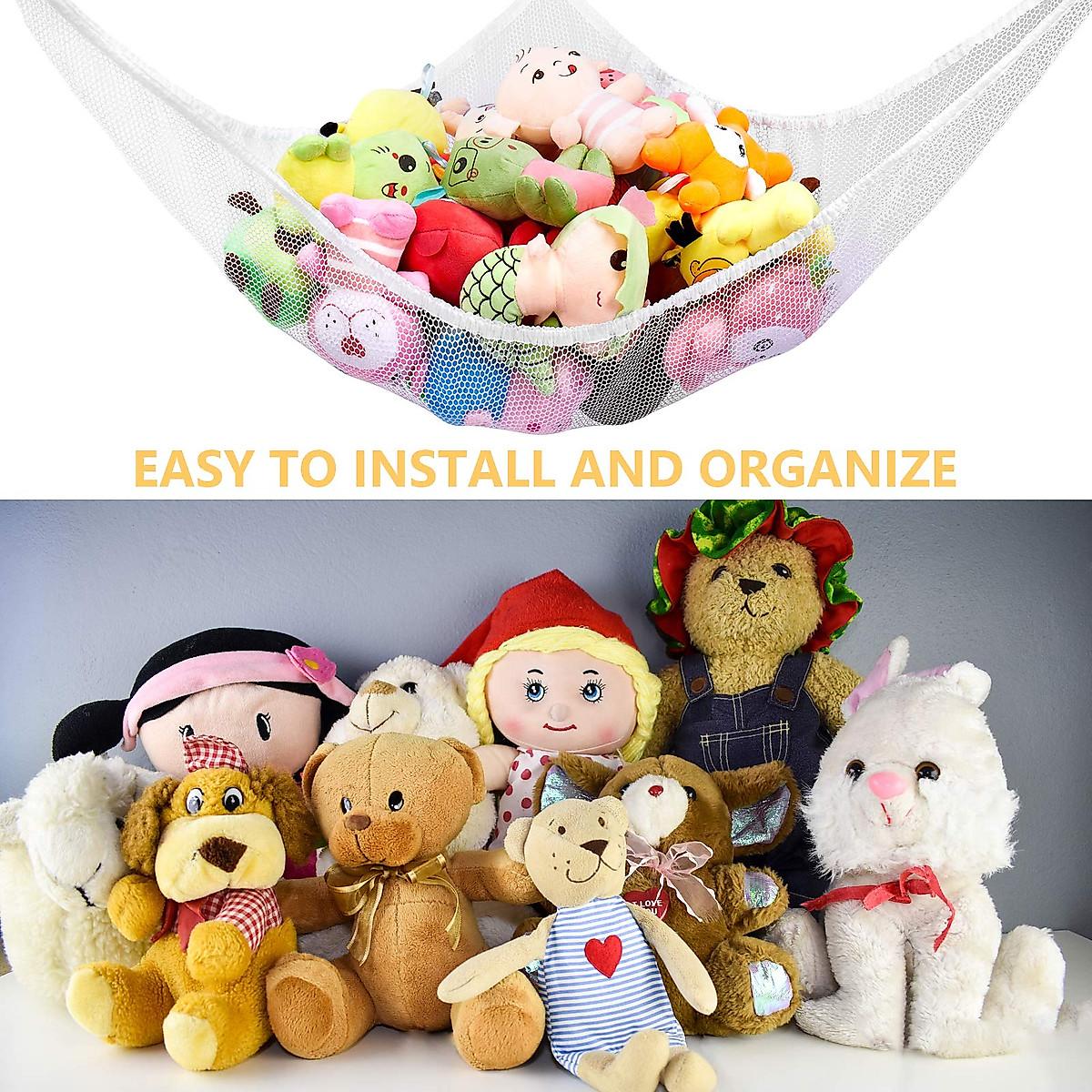 Stuffed Animal Net or Hammock, Stuffed Animal Net, Jumbo Toy Net Hammock for Stuffed Animals KoHuiJoo Wall Sling Corner Extra Large Kids Children Mesh Toy Net Organizer (White 2Pack, 83 Inch)