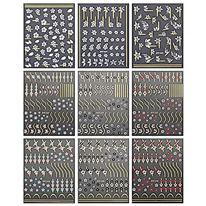 JMEOWIO 9 Sheets Flower Nail Art Stickers Decals Self-Adhesive Pegatinas Uñas Spring Summer Floral Line Nail Supplies Nail Art Design Decoration Accessories