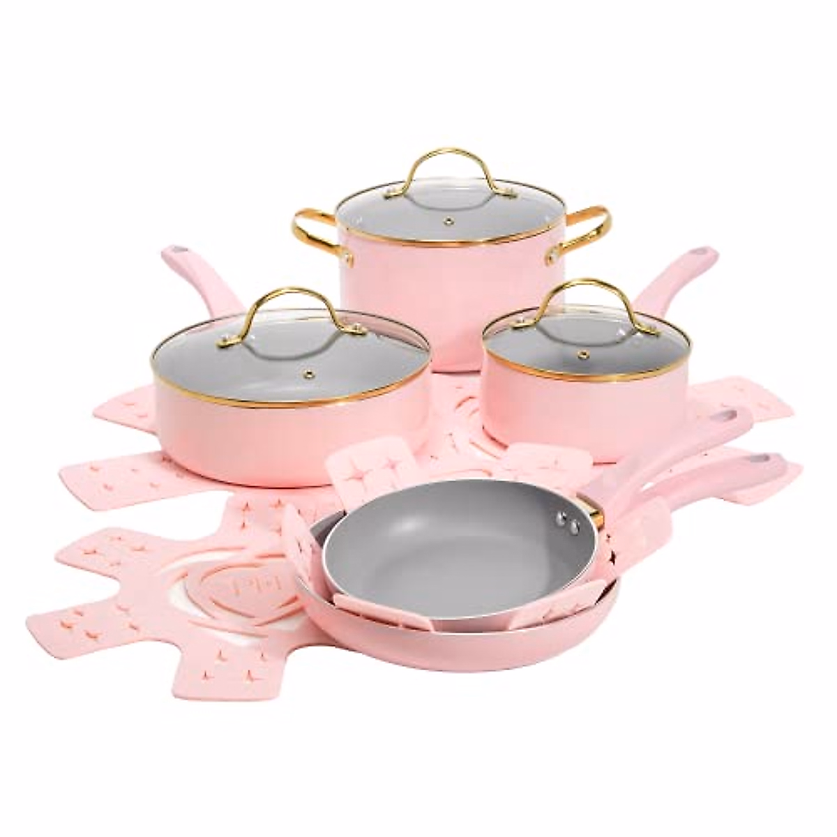 Paris Hilton Epic Nonstick Pots and Pans Set, Multi-layer Nonstick Coating, Tempered Glass Lids, Soft Touch, Stay Cool Handles, Made without PFOA, Dishwasher Safe Cookware Set, 12-Piece, Pink