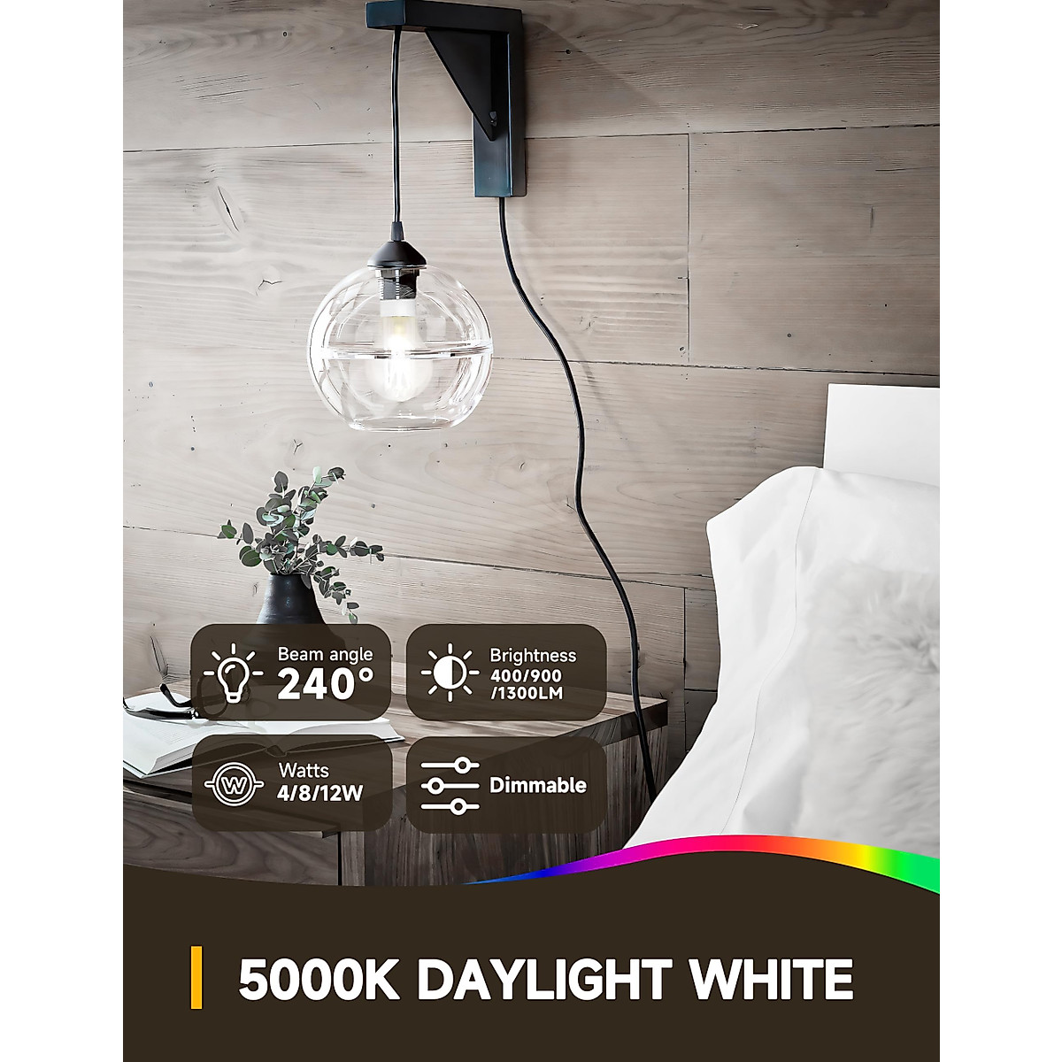 UNILAMP 3 Way Light Bulbs 50 100 150w Equivalent, Daylight White 5000K, E26 LED Filament Light Bulbs, Three Way A19 LED Light Bulb with 90+ CRI, Bright White Light Bulbs, Classic Clear Glass, 2 Pack