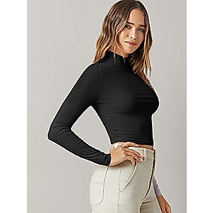 Verdusa Women's Basic Long Sleeve Mock Neck Slim Fitted Tee Shirt Crop Top Black L