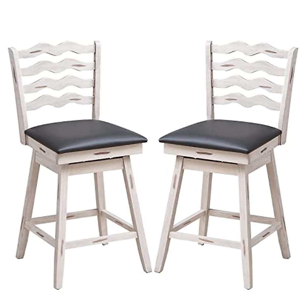 COSTWAY Bar Stools Set of 2, 25” 360° Swivel Counter Height Chairs with Rubber Wood Frame, Cushioned Seat, Ergonomic Backrest & Footrest, Wooden Upholstered Barstools for Kitchen Island (2, 25”)