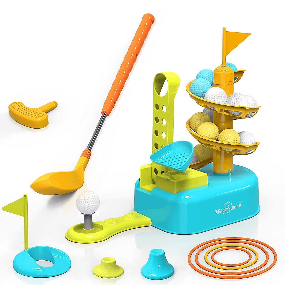 EagleStone Kids Golf Clubs Set, Outdoor Toddler Baby Golfs Set Toy W/ 2 Club Head, 15 Training Golf Balls, 4 Rings, 2 Putting Mat and 1 Holes, Indoor Sports Game for 3 4 5 6 7 8 9 Years Old Boy Girls…