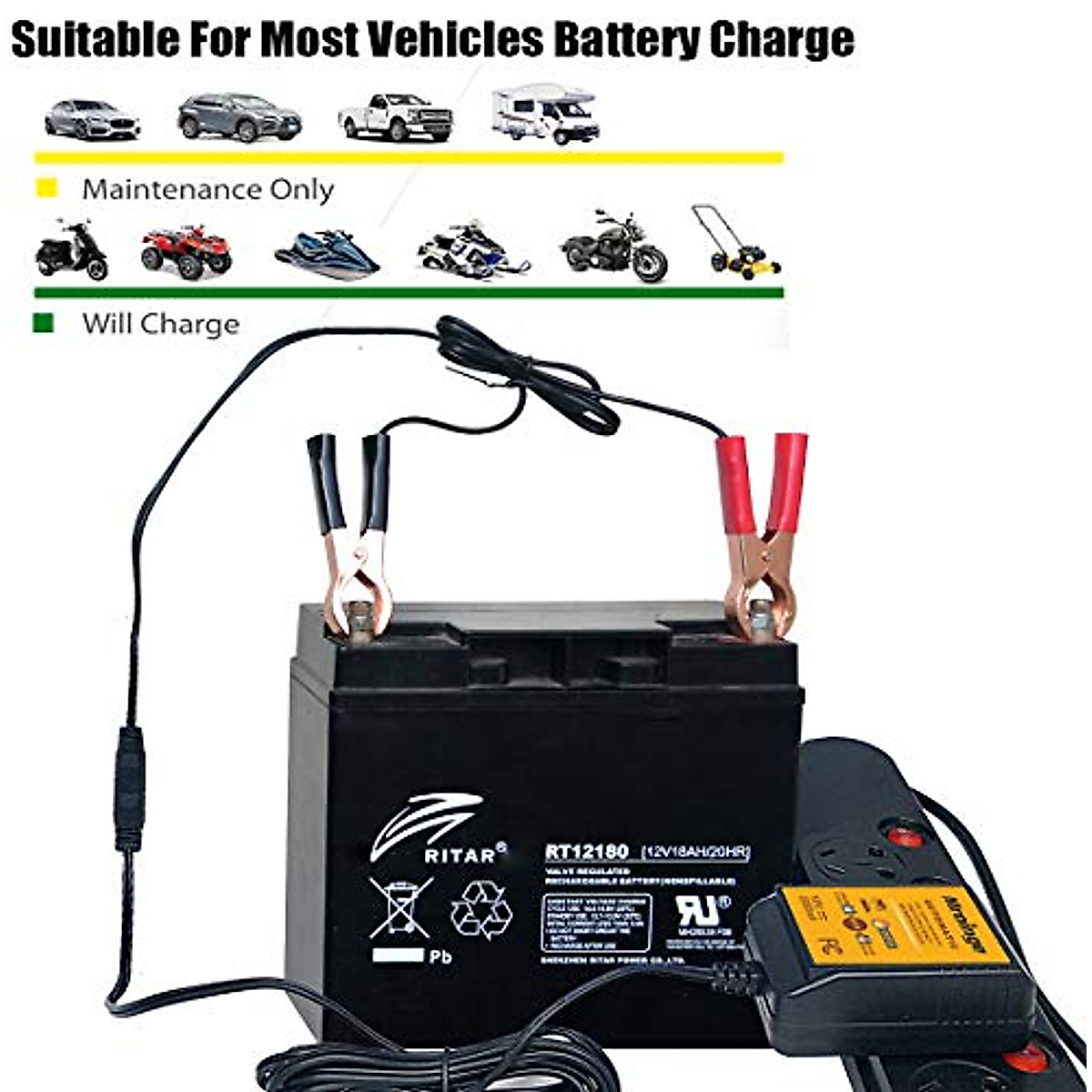 Mroinge MBC022, 12V 2A Lead Acid & Lithium(LiFePO4) Automatic Trickle Battery Charger Smart Battery Maintainer for Car Motorcycle Lawn Mower Boat ATV SLA AGM Gel Lithium(LiFePO4) and More Batteries