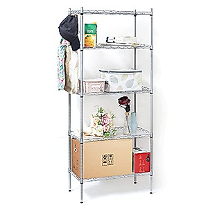 OSGP 5 Shelf Storage Rack Heavy Duty Metal Organizer Storage Shelf Adjustable Wire Rack Steel Organizer with Leveling Feet, Hooks and Wire Shelf Liners, Silver(23.6L x 12.6W x 59.1H)