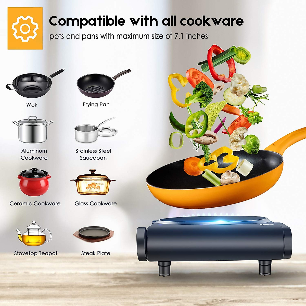 Cusimax Portable Electric Stove, 1200W Infrared Single Burner Heat-up In Seconds, 7 Inch Ceramic Glass Single Hot Plate Cooktop for Dorm Office Home Camp, Compatible w/All Cookware - Upgraded Version