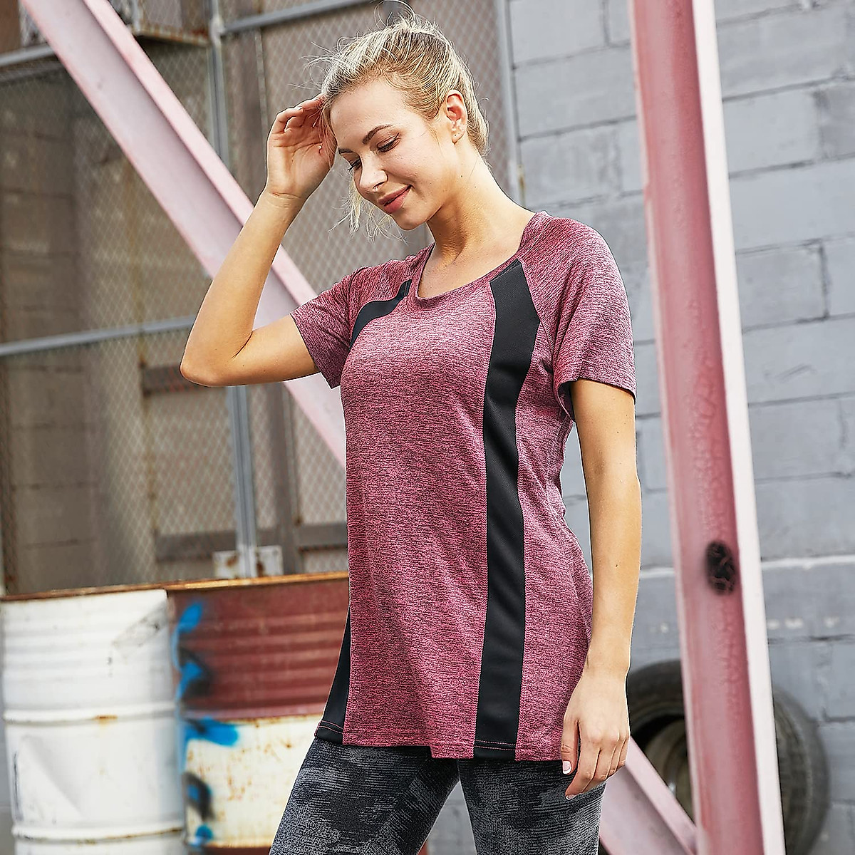 Helloacc Womens Scoop Neck Short Sleeve Yoga Top Loose Fit Sport Workout T Shirt Wine Red