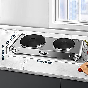 DIDO 1800W Hot Plate, Portable Electric Stove Countertop Cast-Iron Double Burner with Adjustable Temperature& Anti-Slip Feet, Stainless Steel Cooktop for Home/Camp/RV, Compatible for All Cookwares