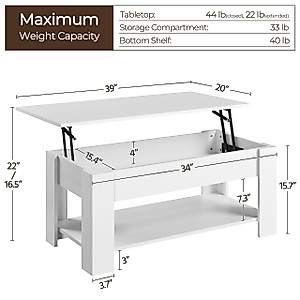 Yaheetech Lift Top Coffee Table w/Hidden Storage Compartment and Storage Shelf - Lift Tabletop for Living Room Reception Room, White